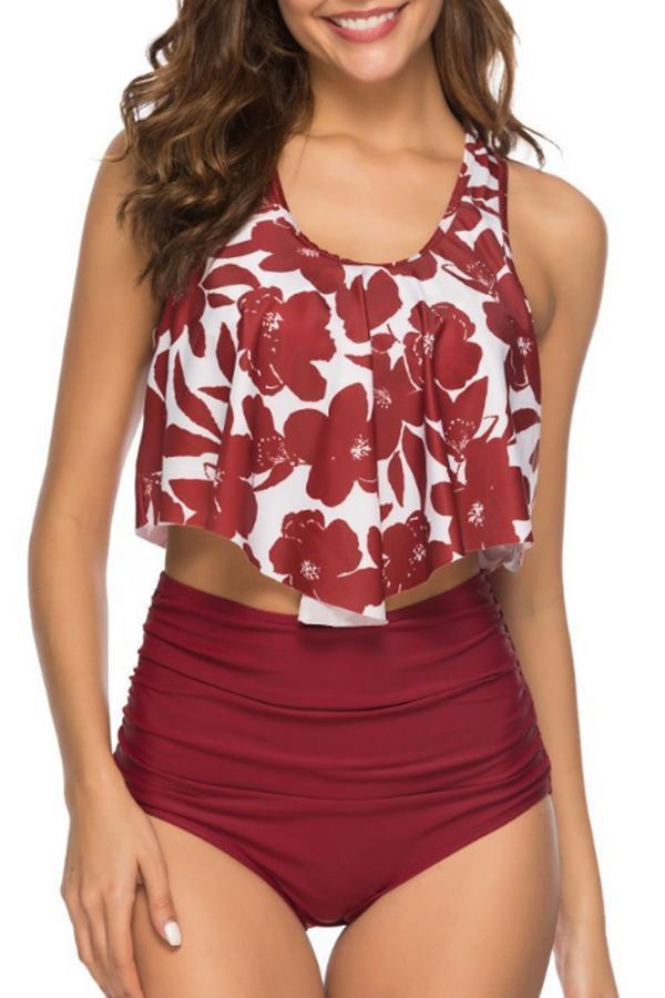 Lotus Leaf High Waist Flower Print Tankini Set